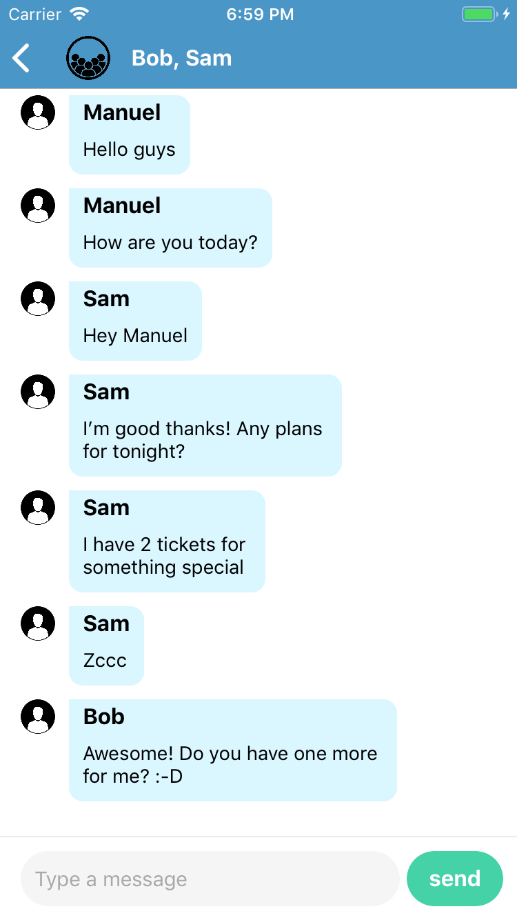 TextChat code sample for NativeScript